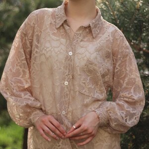 Sheer Beige Lace Blouse With Wide Sleeves - Button-up Floral Lace Shirt ...