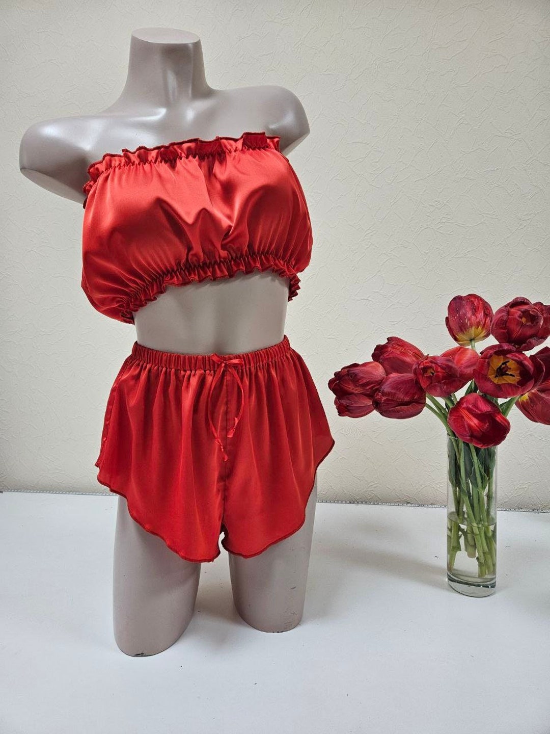 Red Pajamas Set With Bandeau Top and Shorts, Silk Lounge Wear, Silk ...