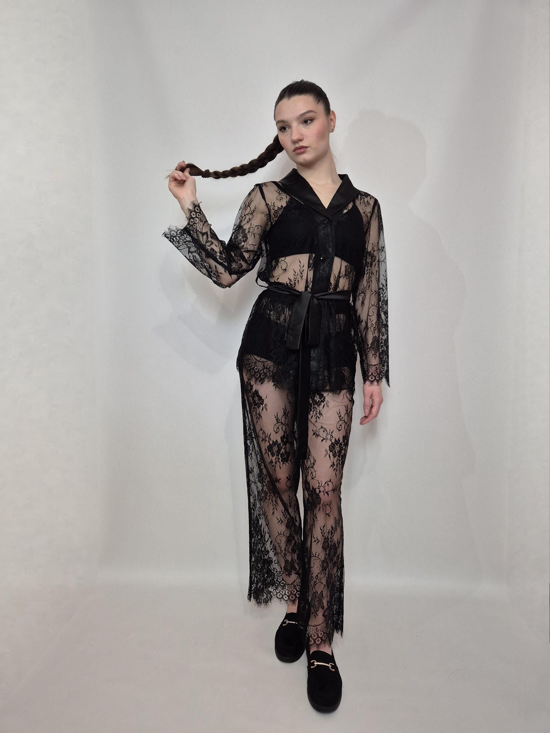 Black Sheer Lace Suit With Pants and Blouse, Lace Trousers, Lace Blouse ...