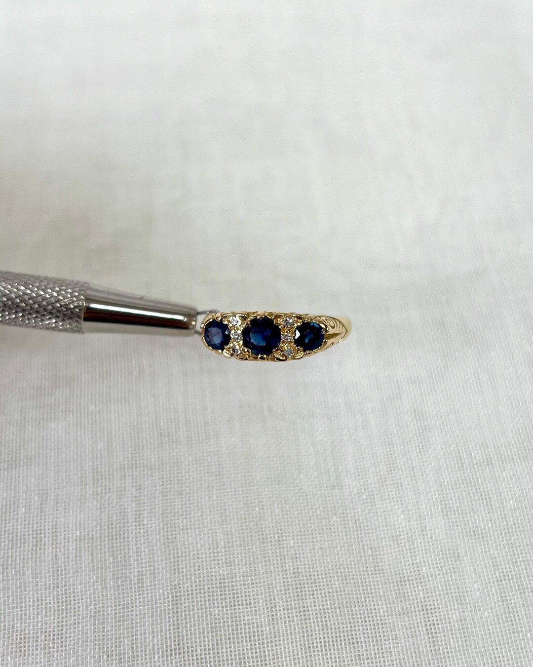 Vintage 1970s Sapphire & Diamond Boat Shaped Ring in 18ct Yellow Gold ...