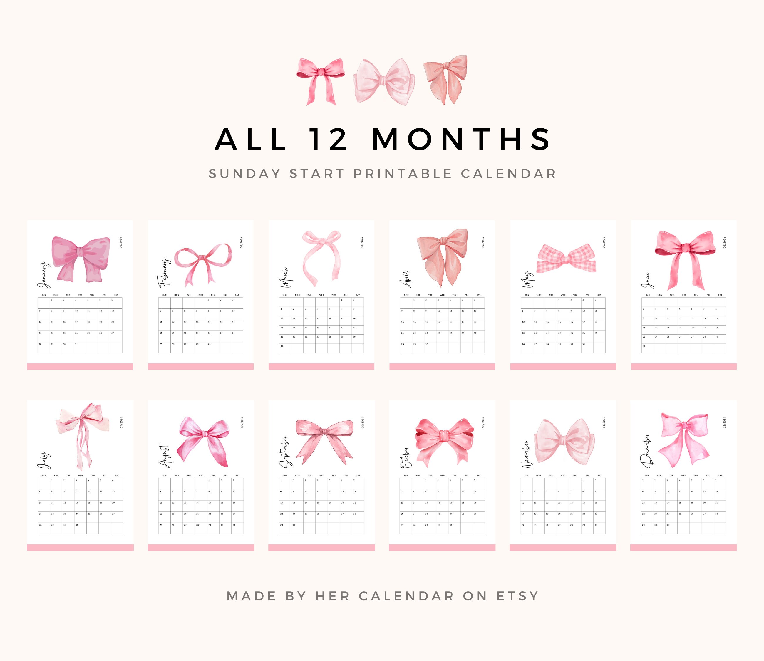 2024 Monthly Calendar Pink Bows Themed, Aesthetic Calendar, 2024 ...