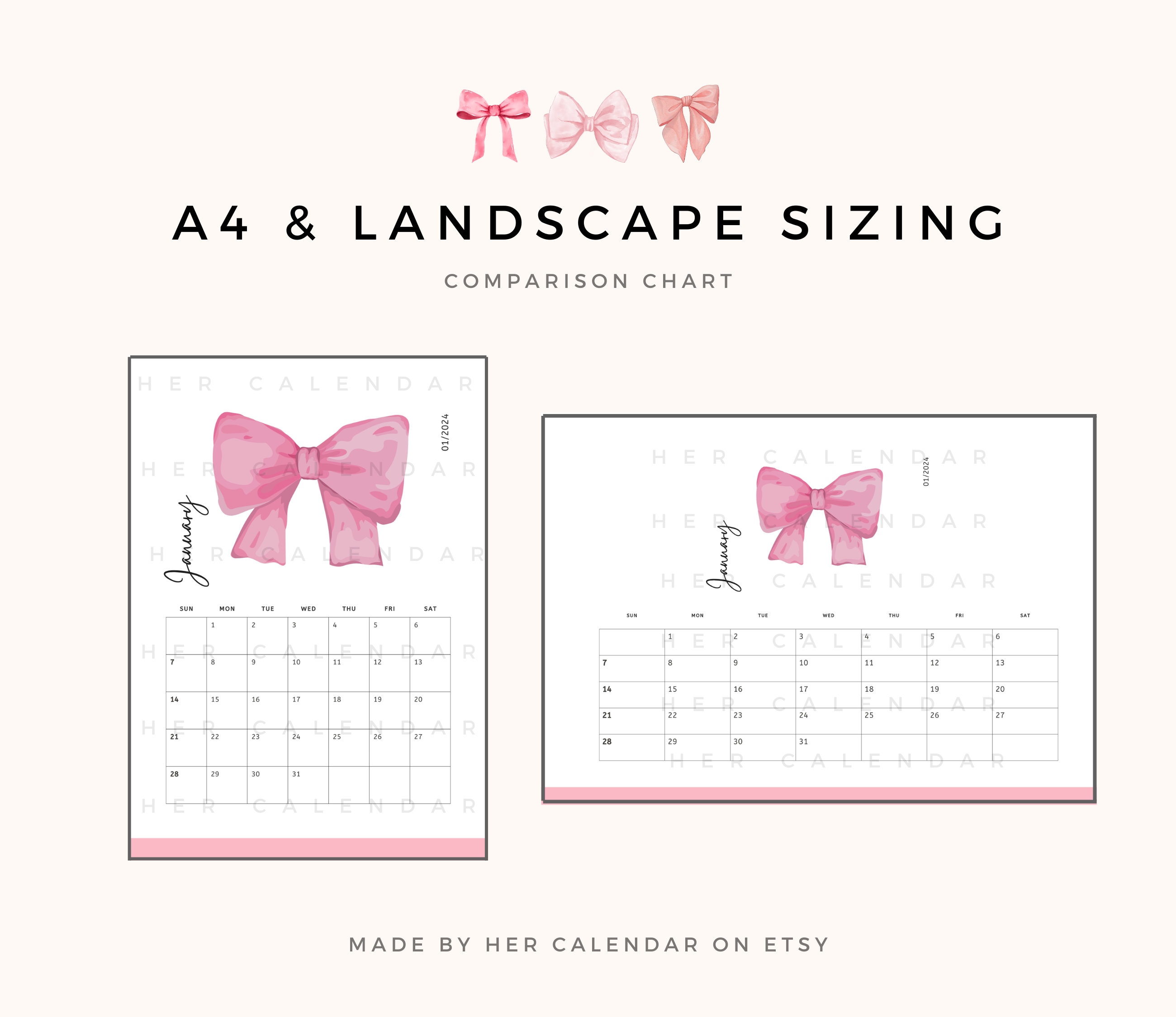 2024 Monthly Calendar Pink Bows Themed, Aesthetic Calendar, 2024 ...