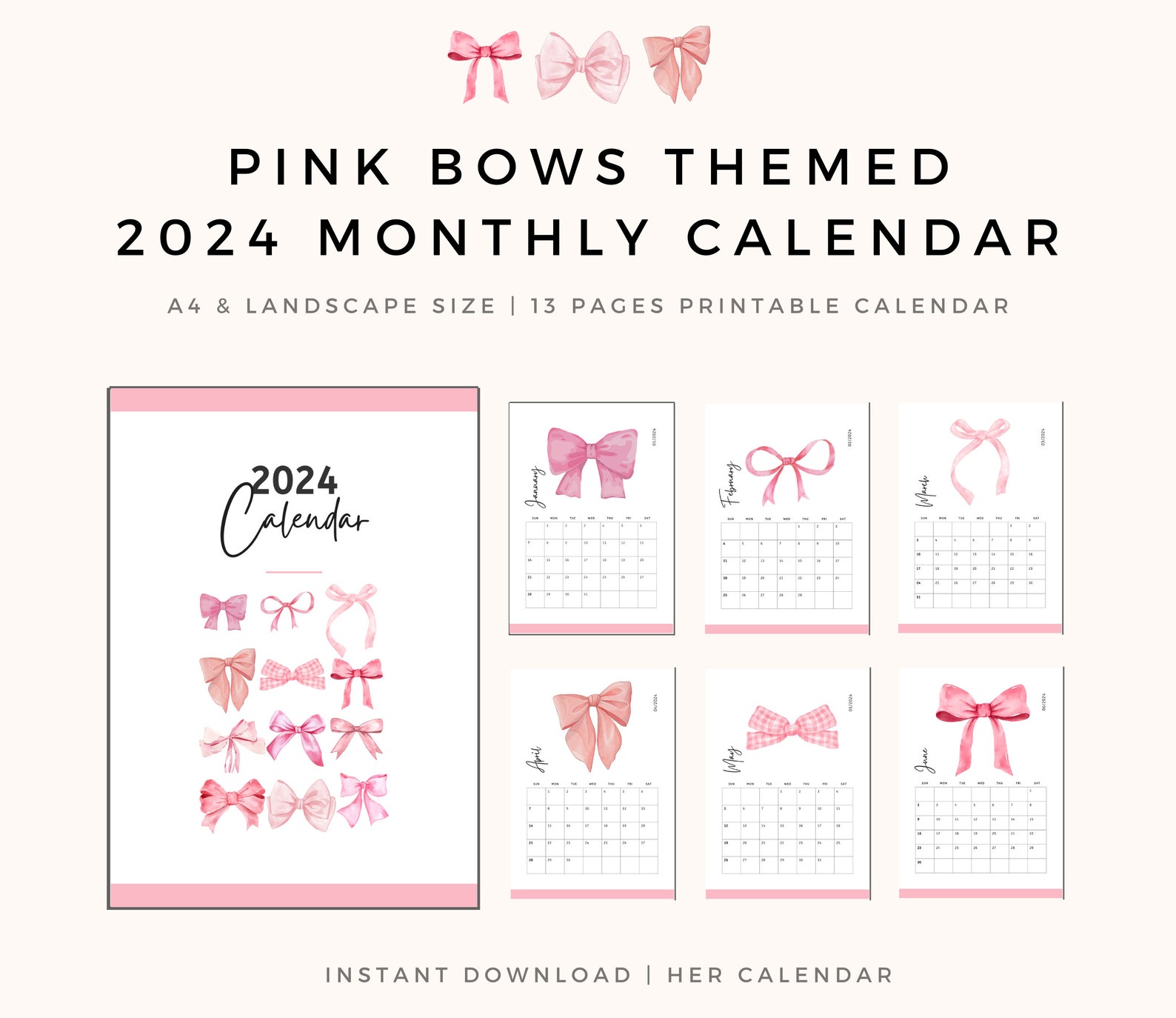 2024 Monthly Calendar Pink Bows Themed, Aesthetic Calendar, 2024 ...