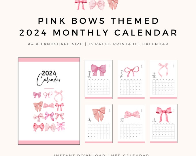 2024 Monthly Calendar Pink Bows Themed, Aesthetic Calendar, 2024 ...
