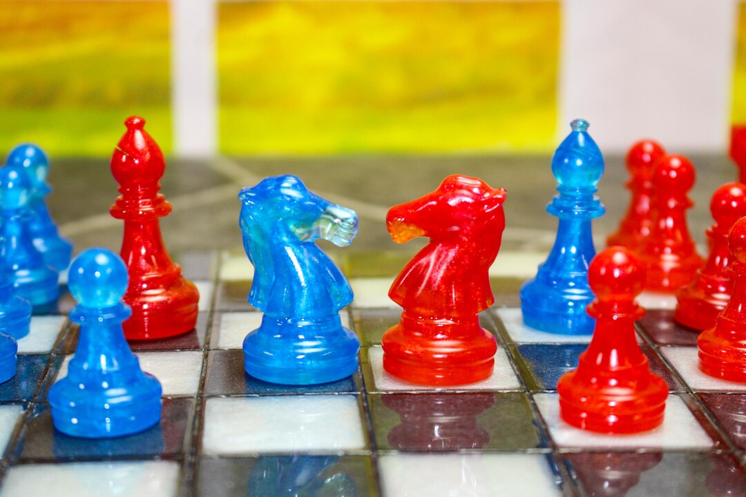 Red Orange and Blue Chess Pieces, Set of 32 - Etsy