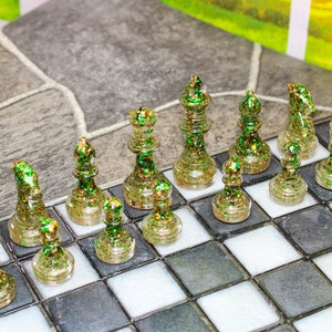 Blue/gold and Green/gold Chess Pieces, Set of 32 - Etsy