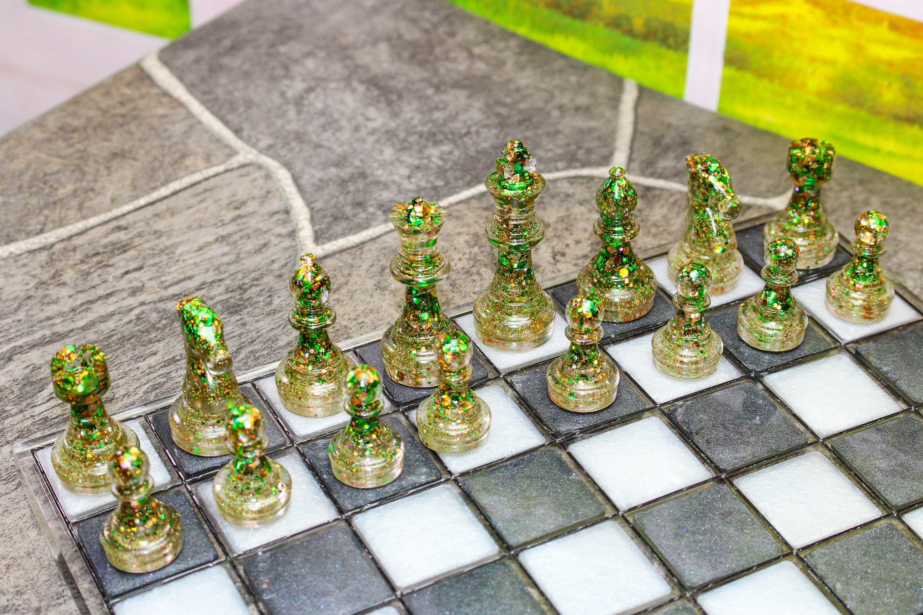 Blue/gold and Green/gold Chess Pieces, Set of 32 - Etsy