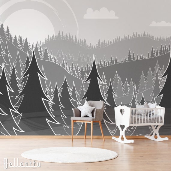 Black and Gray Pine Tree Forest / Mountain Woodland Wall Mural - Etsy