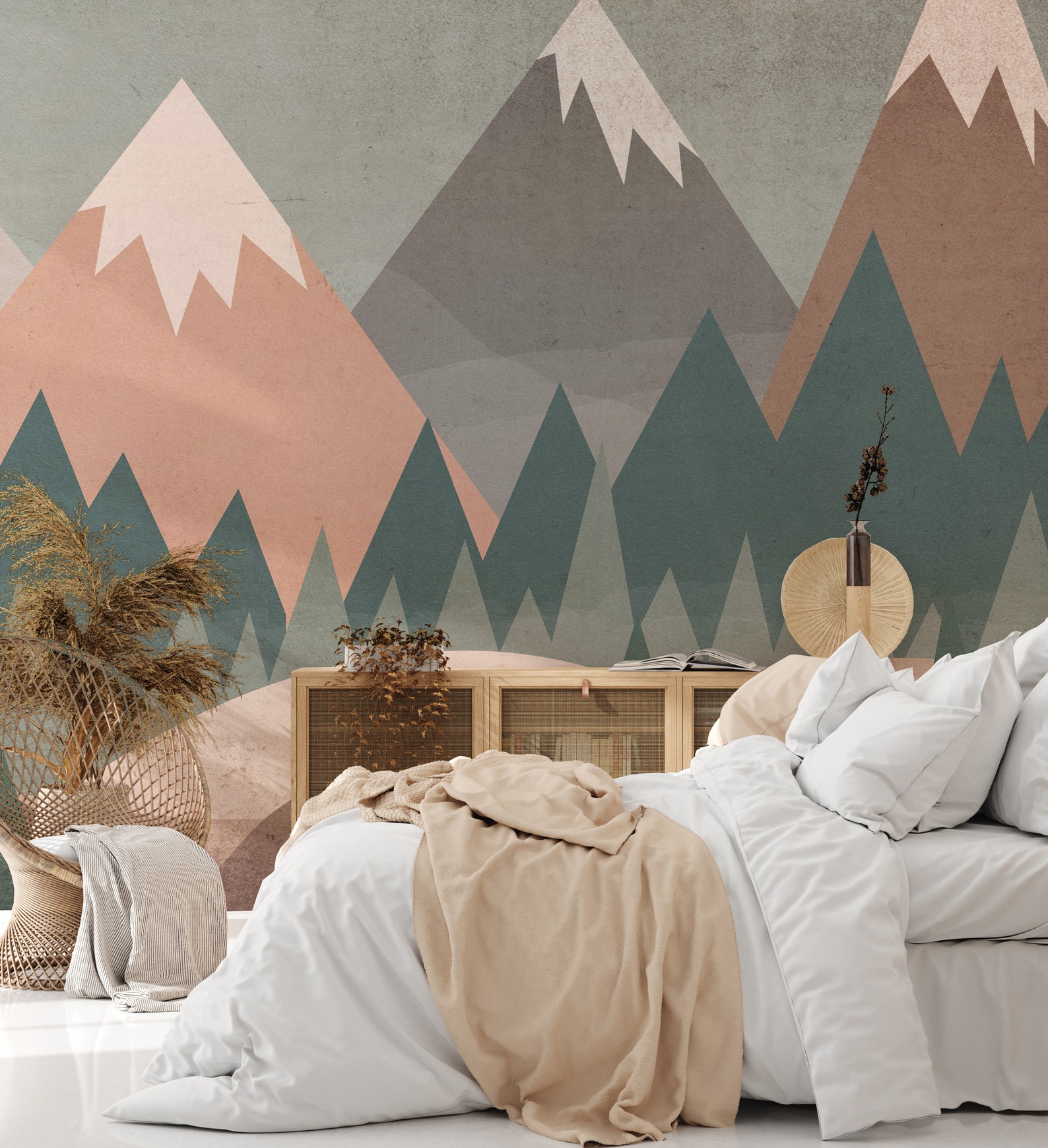 Boho Green Earthy Mountain and Forest Nursery Wallpaper / - Etsy