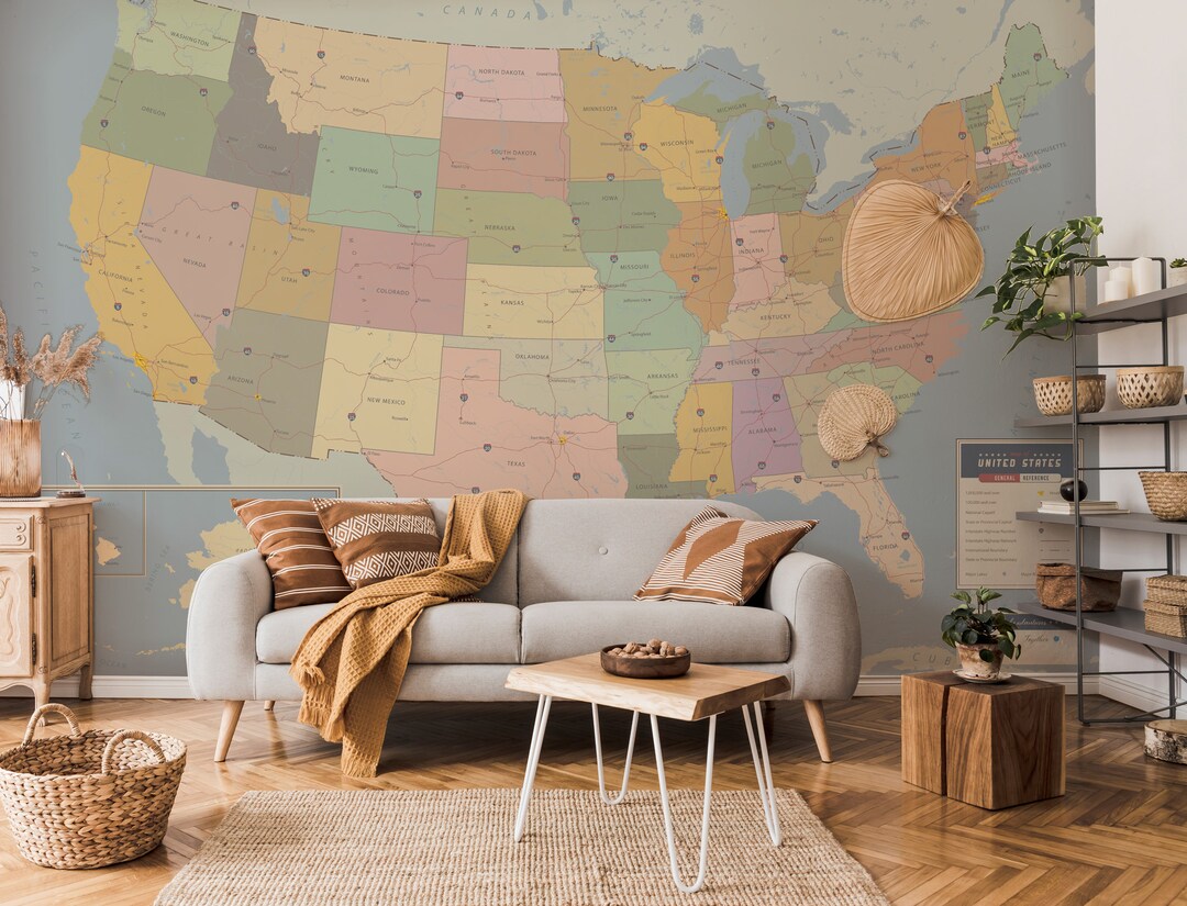 United States Map Wallpaper // Travel Map USA Map Wall Art, Large Us ...