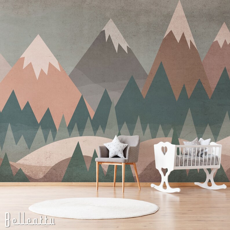 Boho Green Earthy Mountain and Forest Nursery Wallpaper / - Etsy