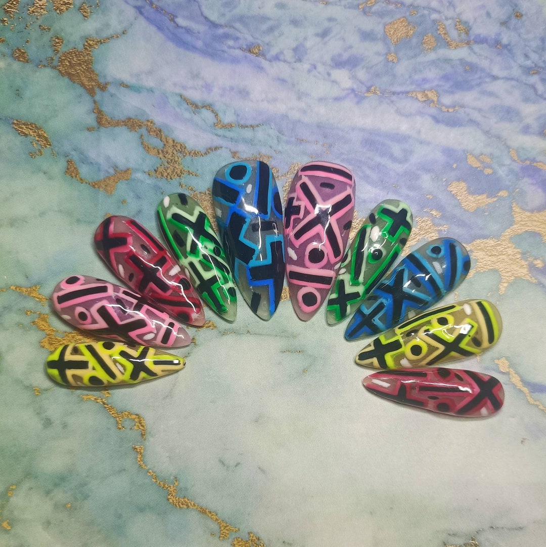Abstract Art Multi Colored Mathematics Handmade Press on Nails 24 Piece ...