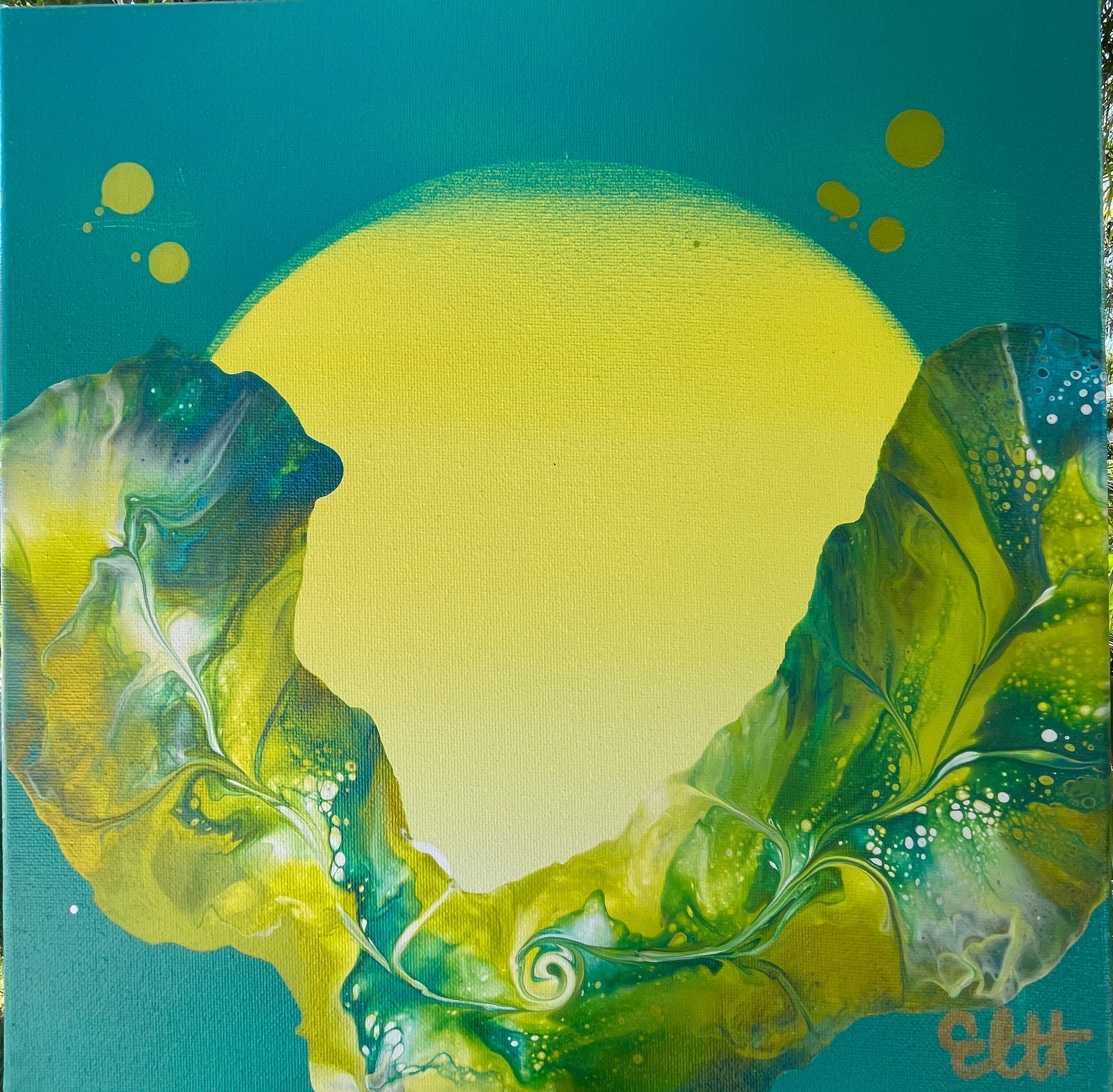 Turquoise Yellow Ombre Moon Inspired Painting 12x12 Abstract Artwork in ...