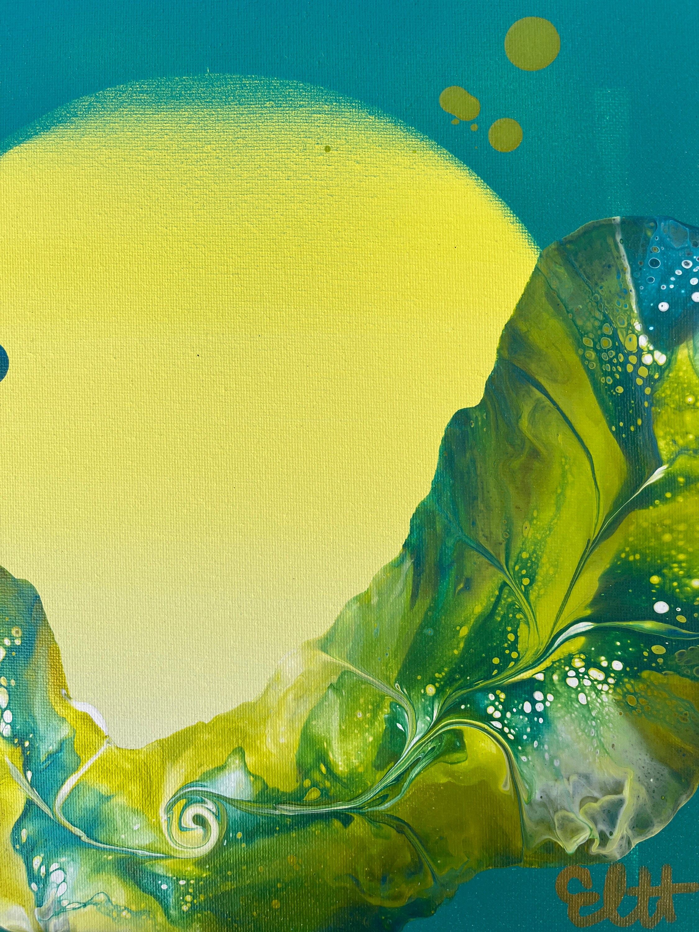 Turquoise Yellow Ombre Moon Inspired Painting 12x12 Abstract Artwork in ...