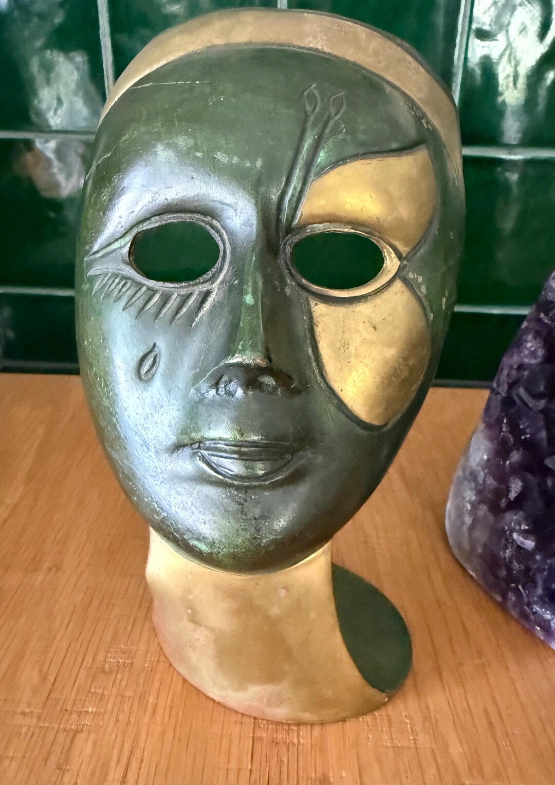 Vintage Brass Mask Sculpture, Brass Figural Decor, Brass Face, MCM, Mid ...