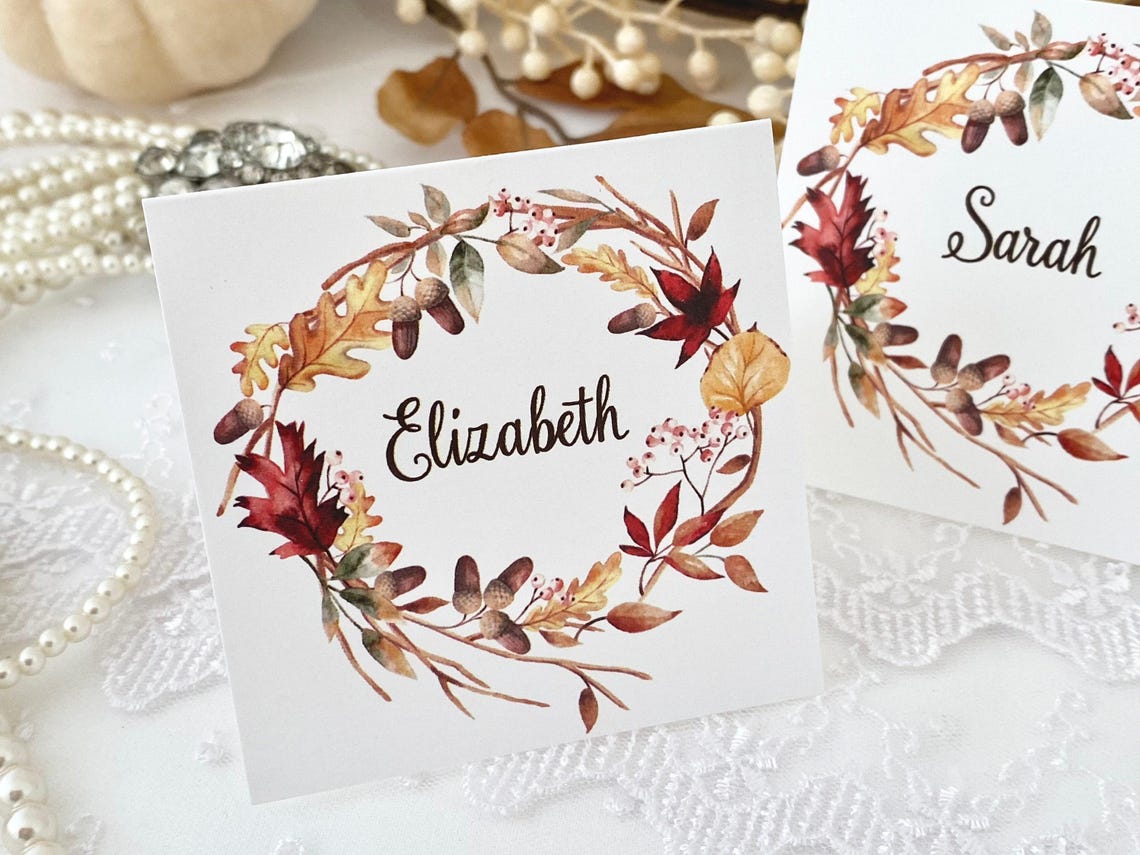 Fall Autumn Wreath Place Cards, Fall Leaves Thanksgiving Dinner Place ...