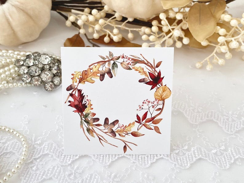 Fall Autumn Wreath Place Cards, Fall Leaves Thanksgiving Dinner Place ...