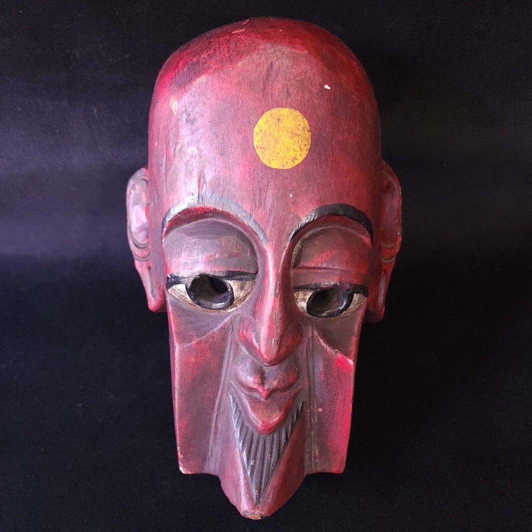 Vintage Red Wood Hand Carved Wall Mask Ethnic Guru of Hindu Dharma ...