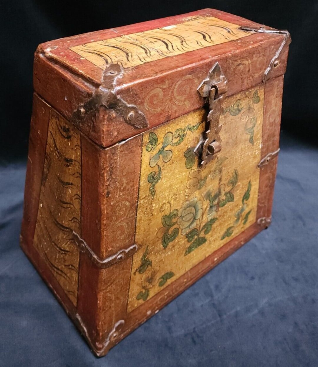 Old Antique Tibetan Wooden Hand Painted Storage Box Chest W/ Tibetan ...