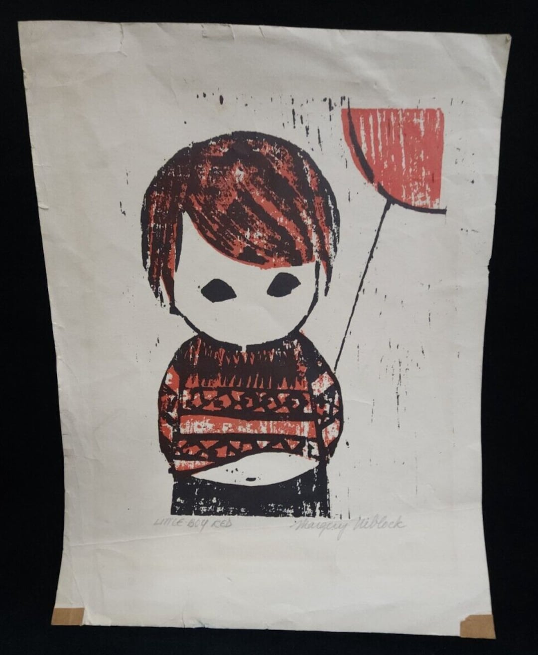 Mid Century Margery Niblock Little Boy Red Woodblock Print Signed Anime ...
