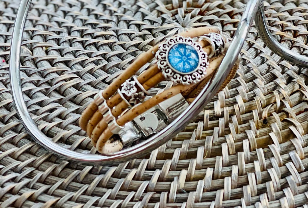Natural Cork Bracelet With Blue Portugal Flower Bead - Etsy
