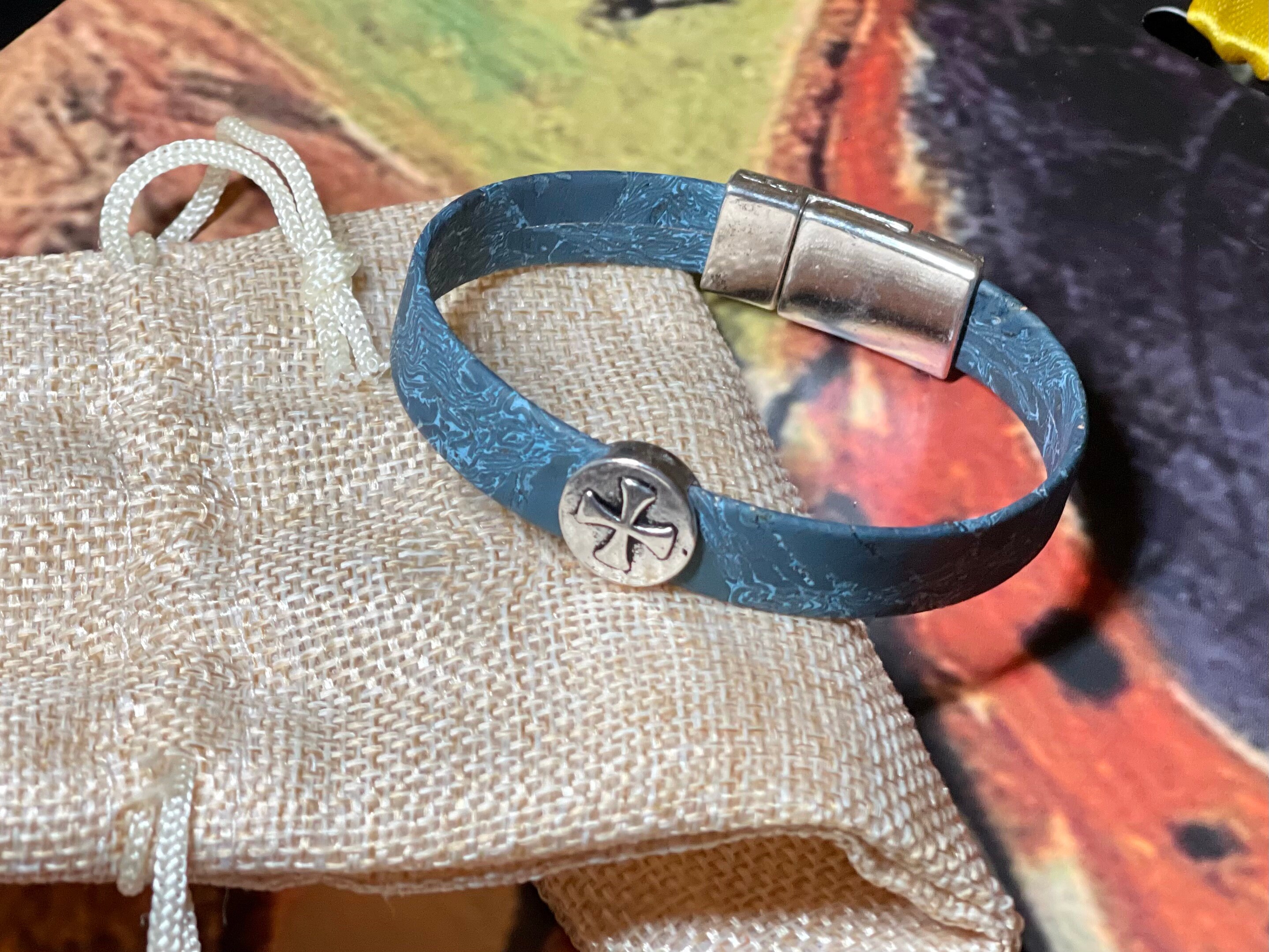 Natural Cork Bracelet Knights Templar Cross Beads Silver Color Magnetic ...