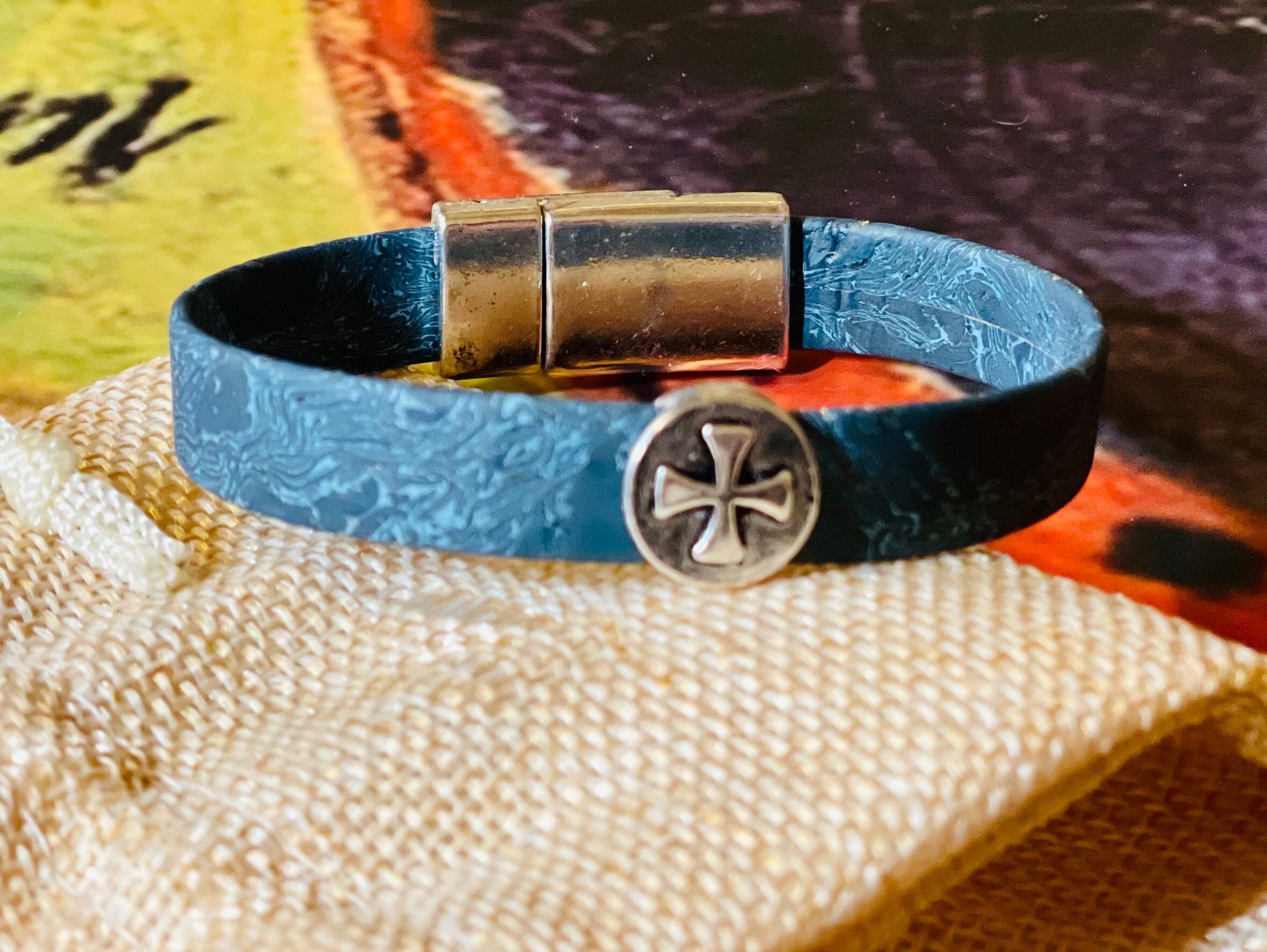 Natural Cork Bracelet Knights Templar Cross Beads Silver Color Magnetic ...