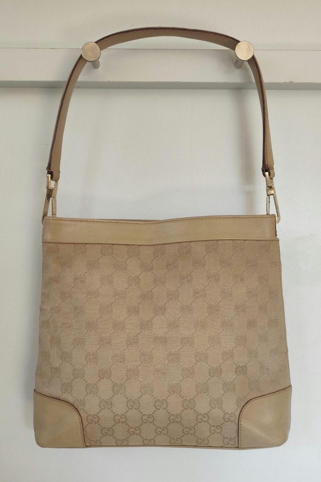 Gucci Vintage Monogram Canvas and Cream Leather Tote Bag - Etsy