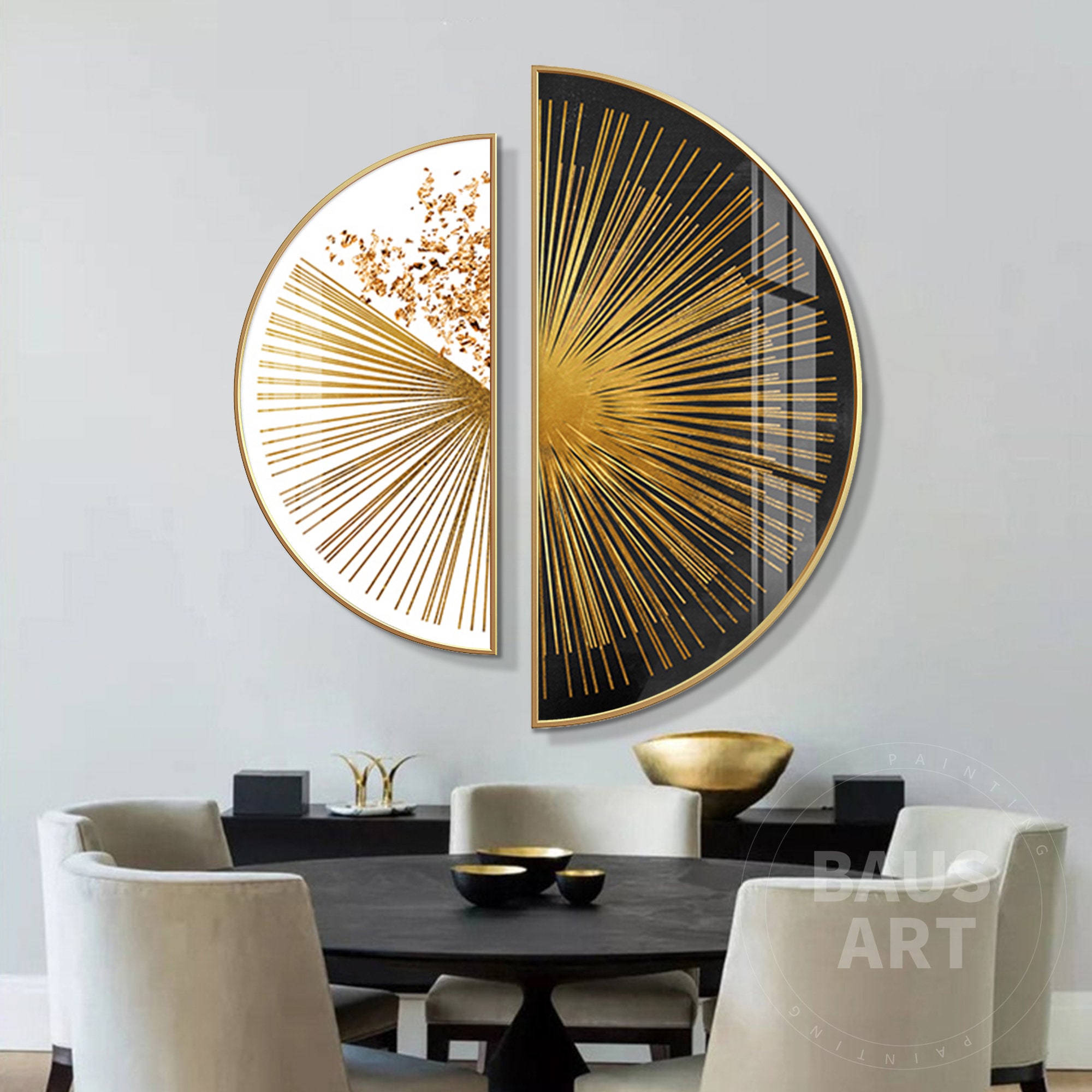 Set of 2 Round Wall Art Gold Line Asymmetric Round Print on Canvas ...