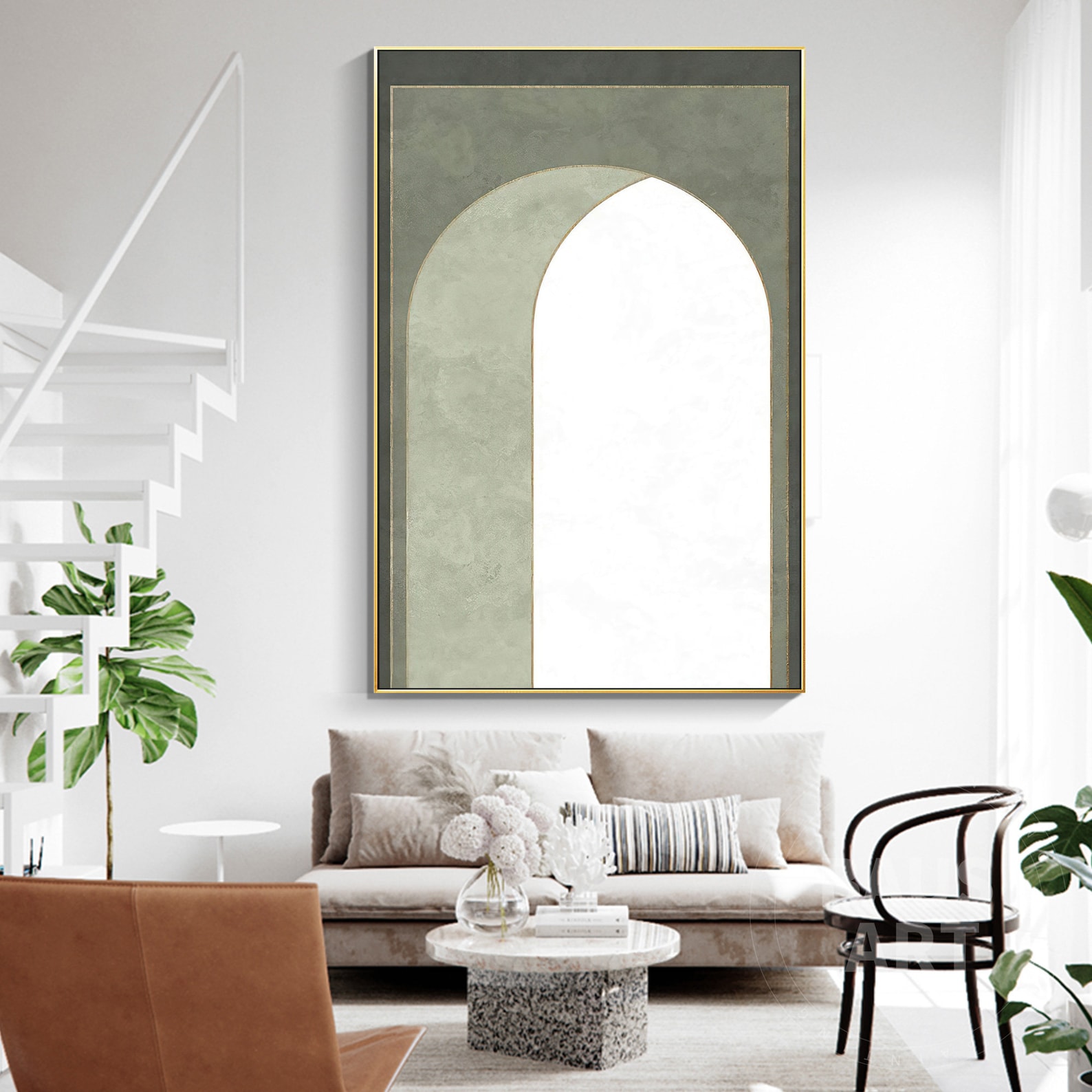 Olive Green Color Arches Abstract Geometric Print Painting on Canvas ...