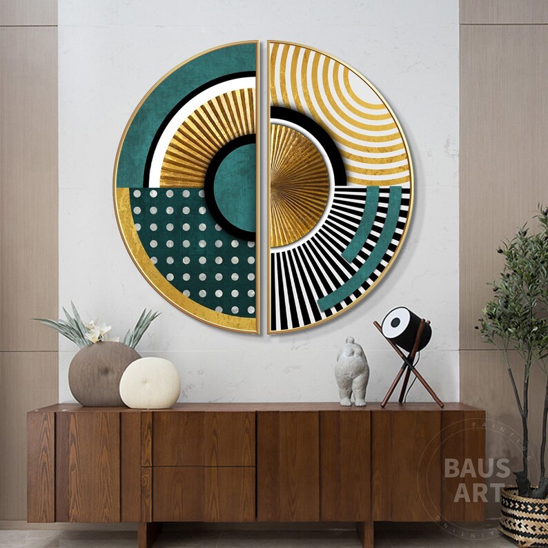 Geometric Abstract Print Painting on Canvas Round Print Set of - Etsy