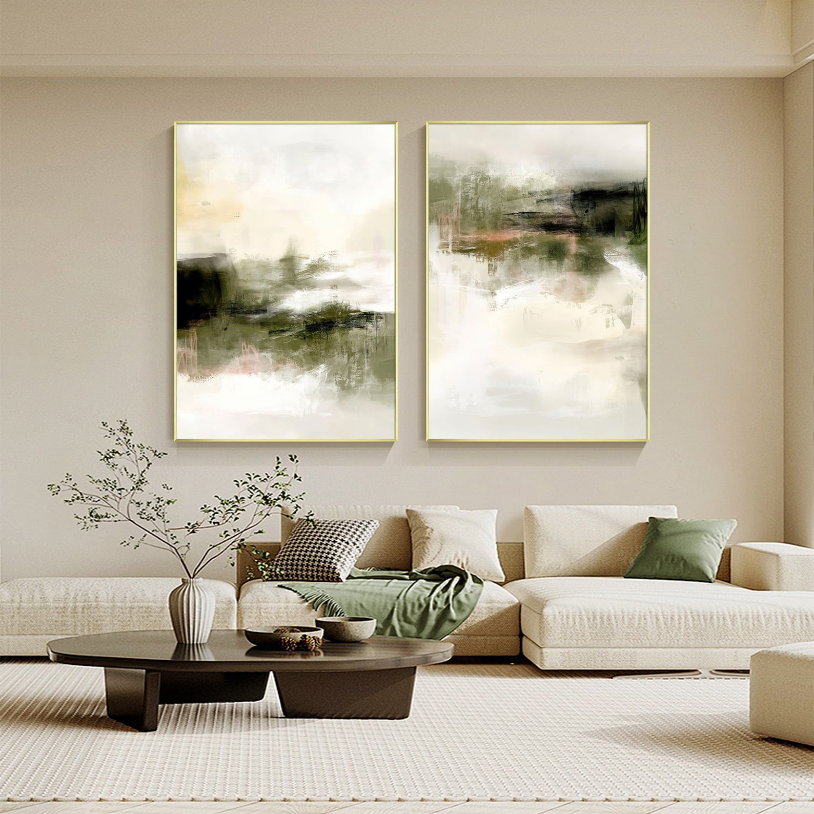 Set of 2 Olive Green Abstract Wall Art on Canvas Landscape Wall Art ...