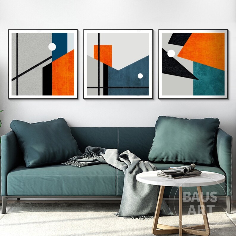 Geometric 3 Pieces Framed Wall Art Set of 3 Prints Green Orange Blue ...