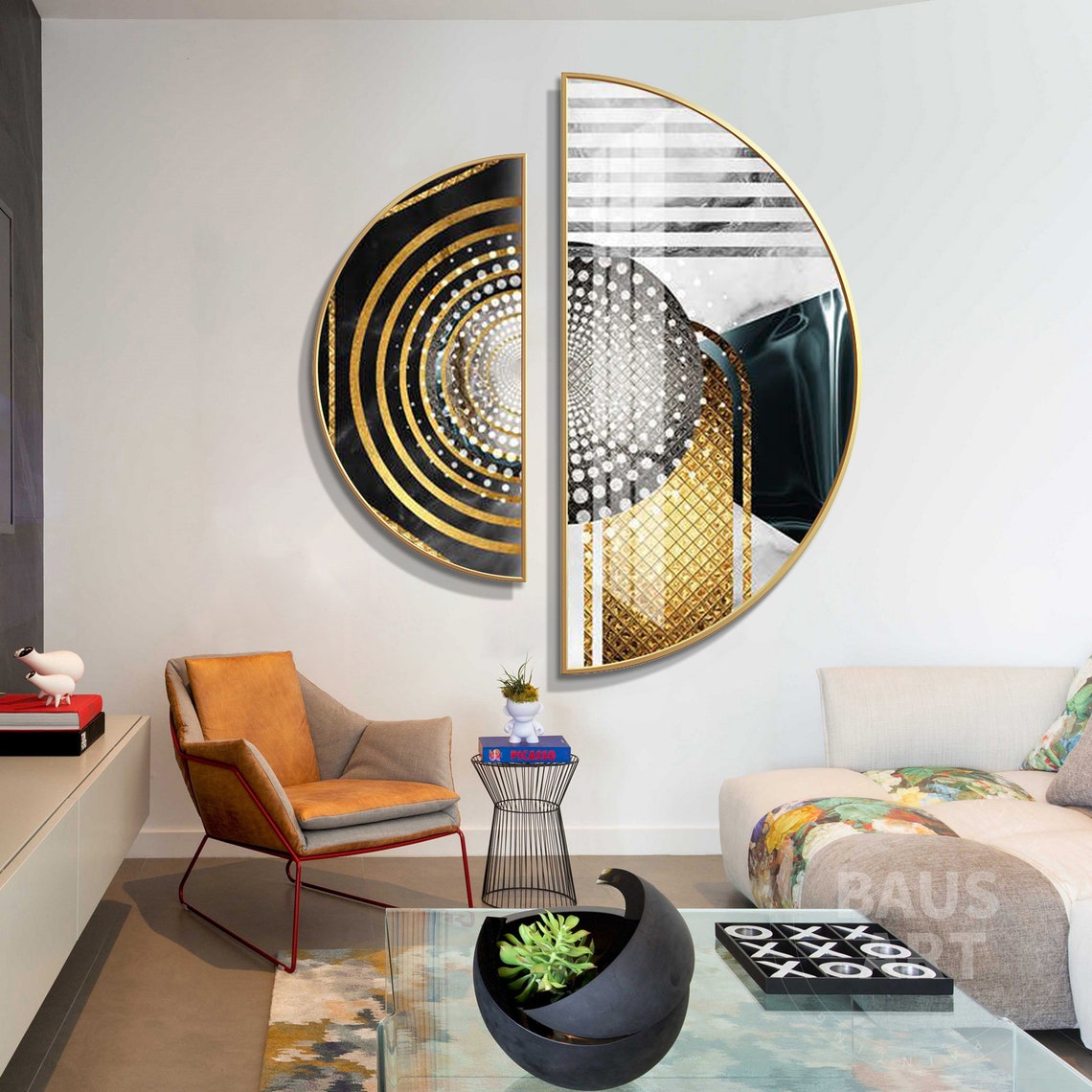 Geometric Asymmetric Round Print Painting on Canvas Set of 2 - Etsy