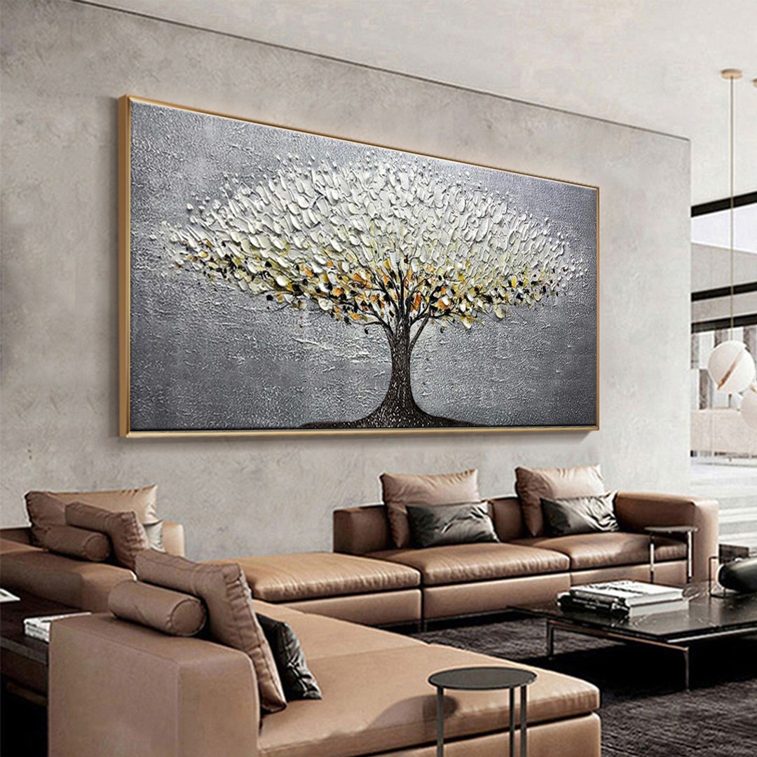 Abstract Tree Cream Color Acrylic Painting on Canvas Large Framed Wall ...