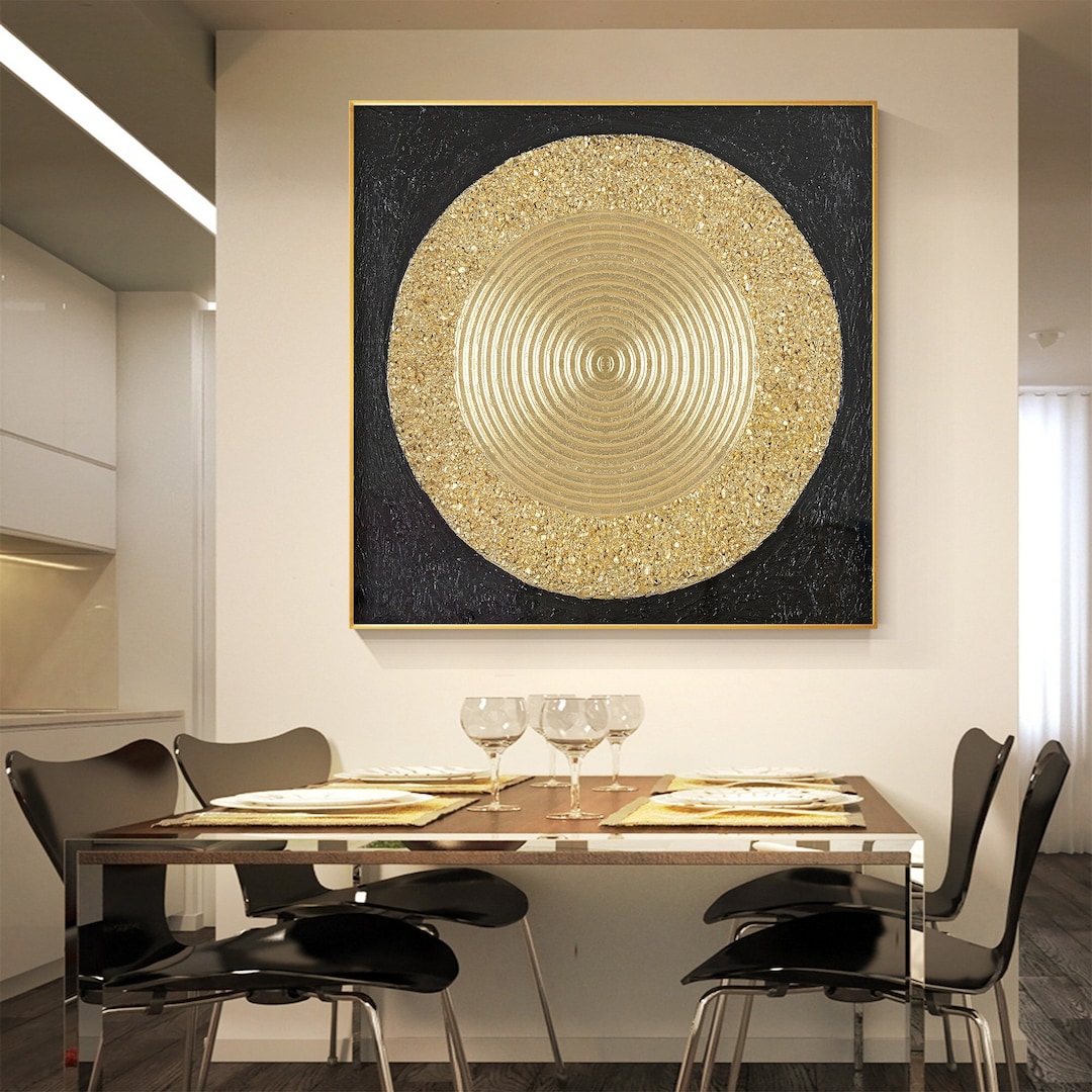 Abstract Black Gold Wall Art Textured Wall Art Canvas Painting,original Round Art,large Enso ...