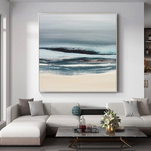 Abstract Cyan Blue Canvas Wall Art, Minimalist Beige Wall Art Canvas ...