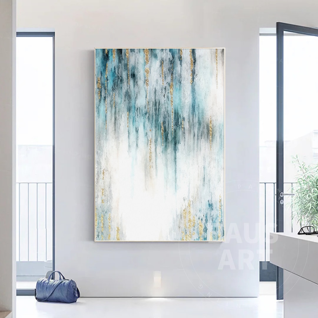 Turquoise Blue Abstract Acrylic on Canvas Painting Frame Wall Art White ...
