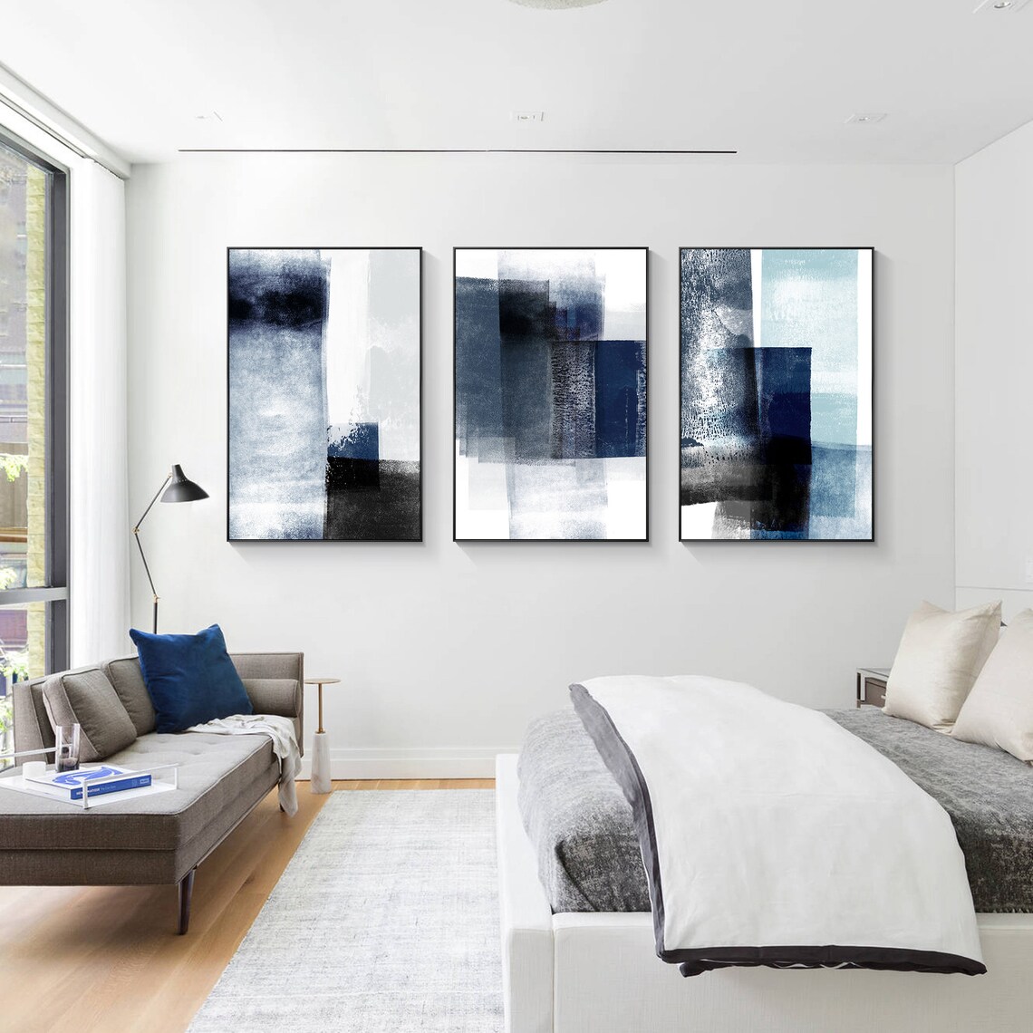 Navy Blue Wall Art Abstract Wall Art Set of 3 Canvas Painting Extra ...