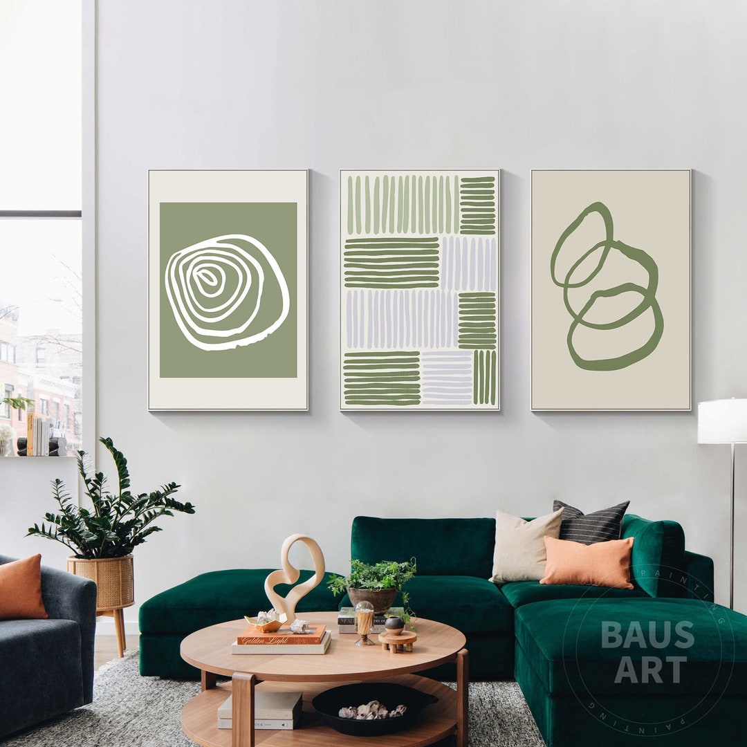 Set of 3 Wall Art Sage Green Abstract Print on Canvas Large - Etsy