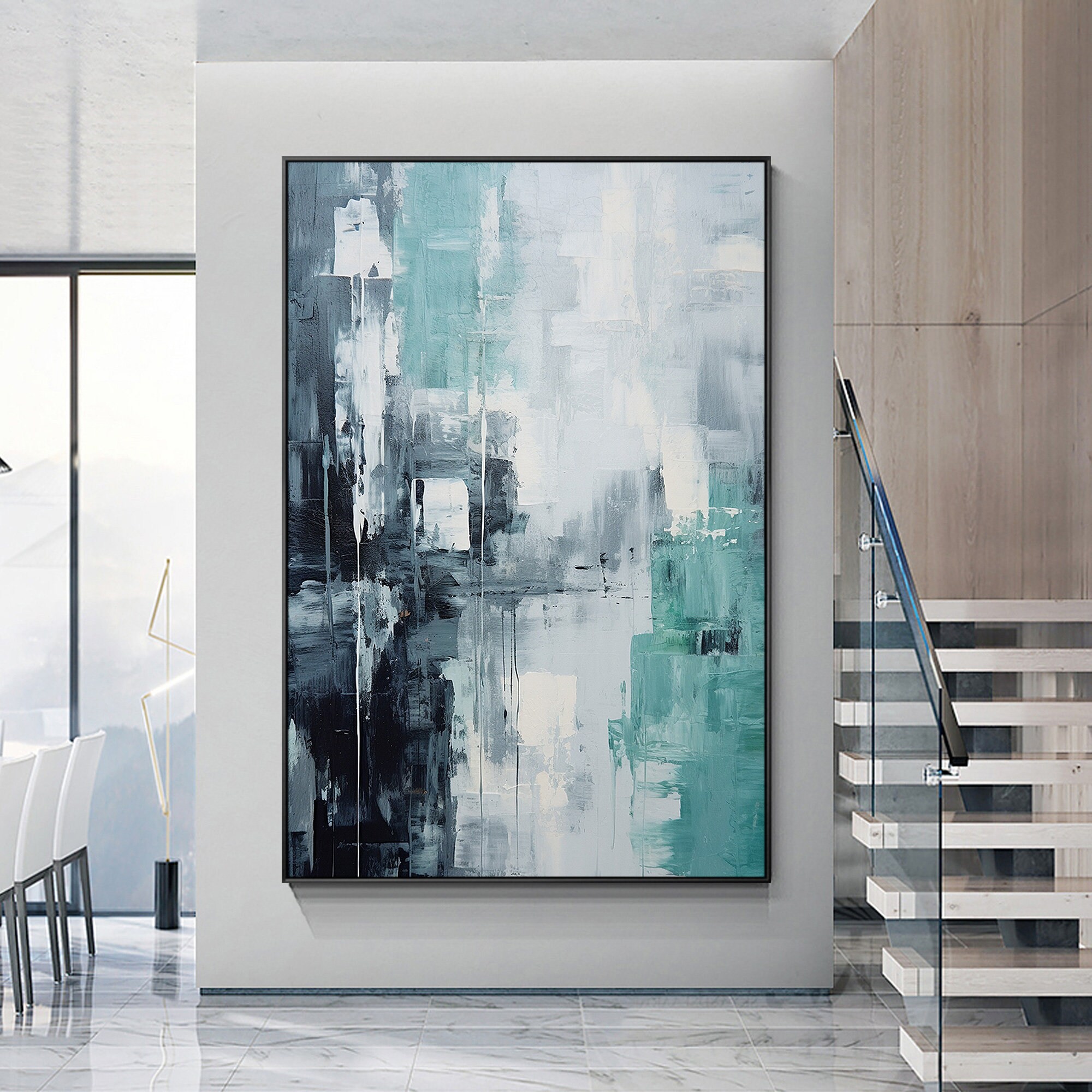 Abstract Teal Blue Grey Wall Art Acrylic Painting on Canvas Framed Wall ...