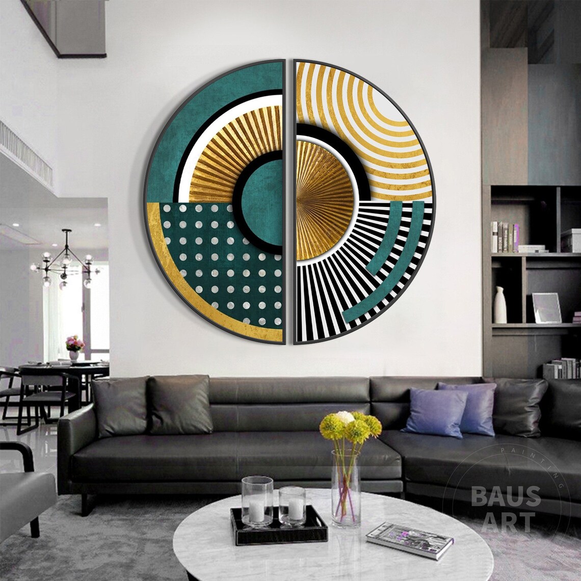 Geometric Abstract Print Painting on Canvas Round Print Set of - Etsy