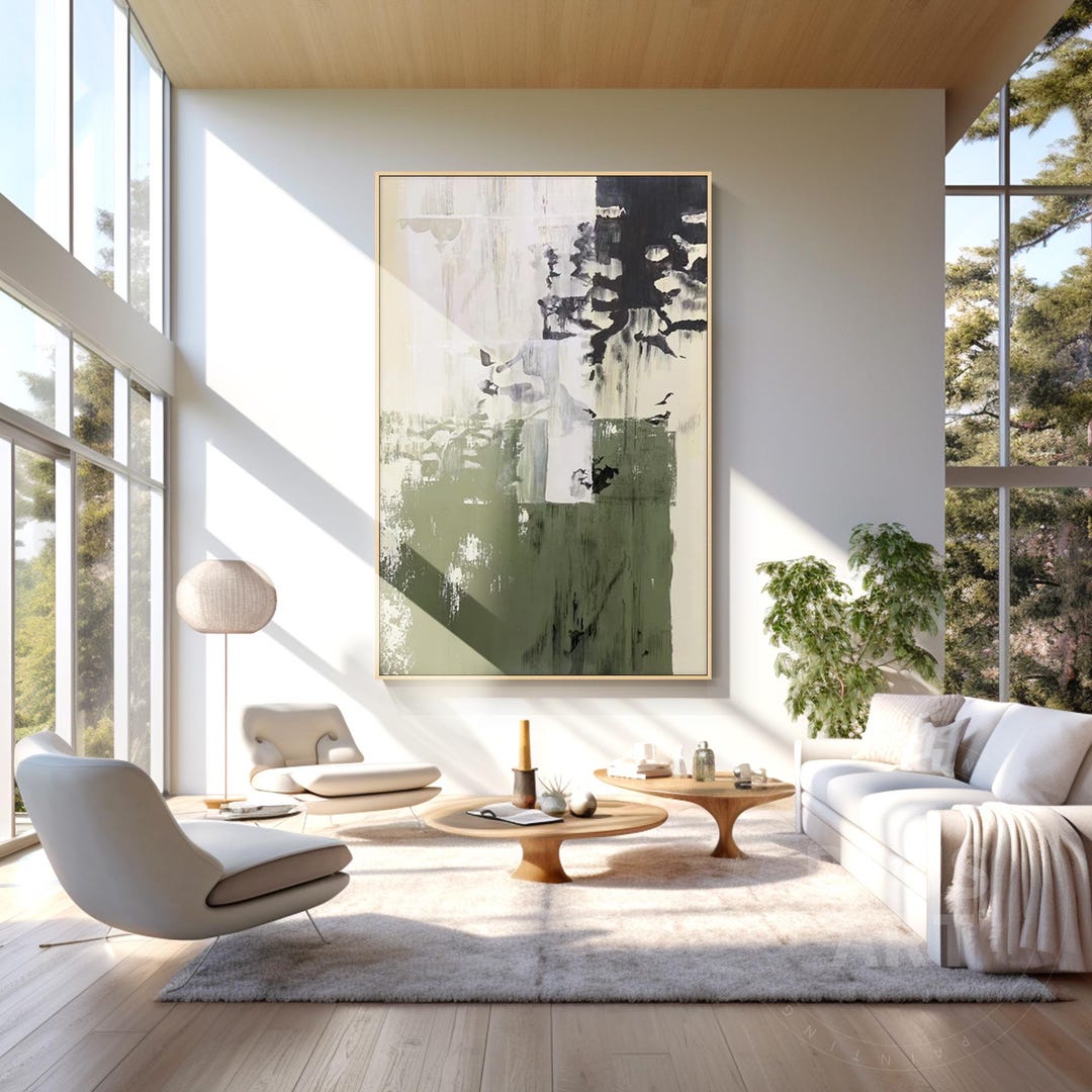 Army Green Abstract Painting Large Wall Art,beige Black Wall Art ...