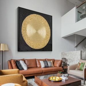 Abstract Black Gold Wall Art Textured Wall Art Canvas Painting,original Round Art,large Enso ...