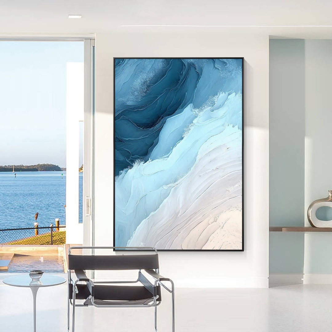 Abstract Blue Wall Art Ocean Wave Textured Painting Acrylic on Canvas ...