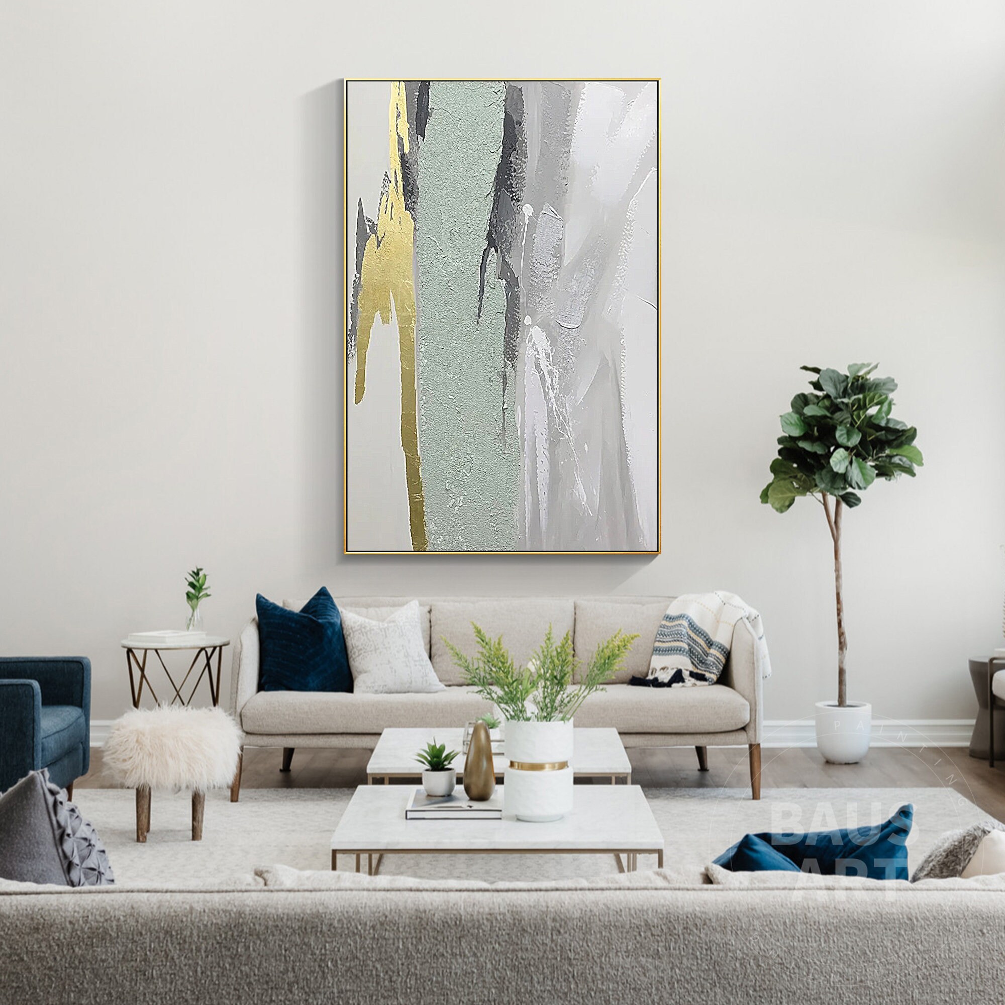 Abstract Morandi Green Gold Grey Wall Art Minimalist Painting Framed ...