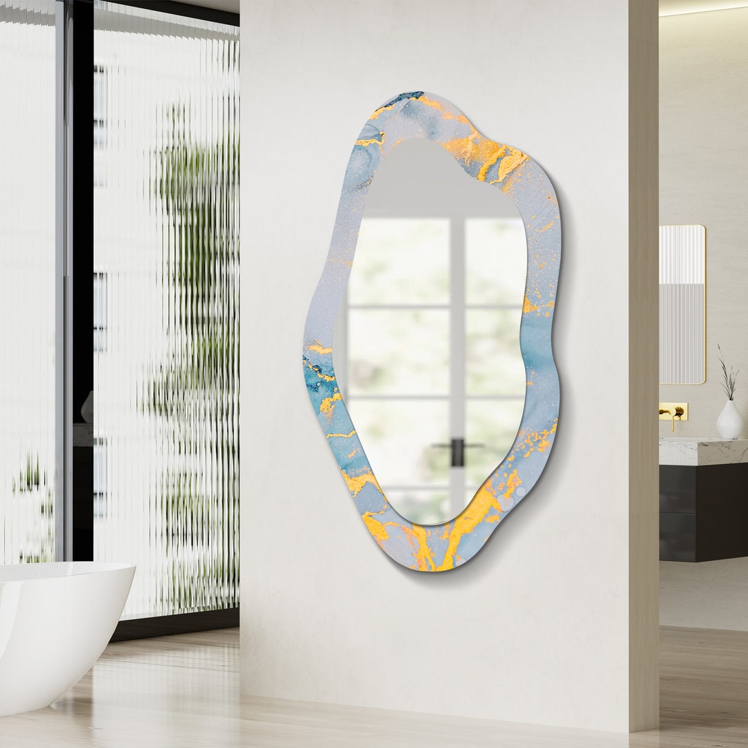 Blue Gold Marbled Mirror, Mirror Wall Decor on Acrylic Glass, Bathroom ...