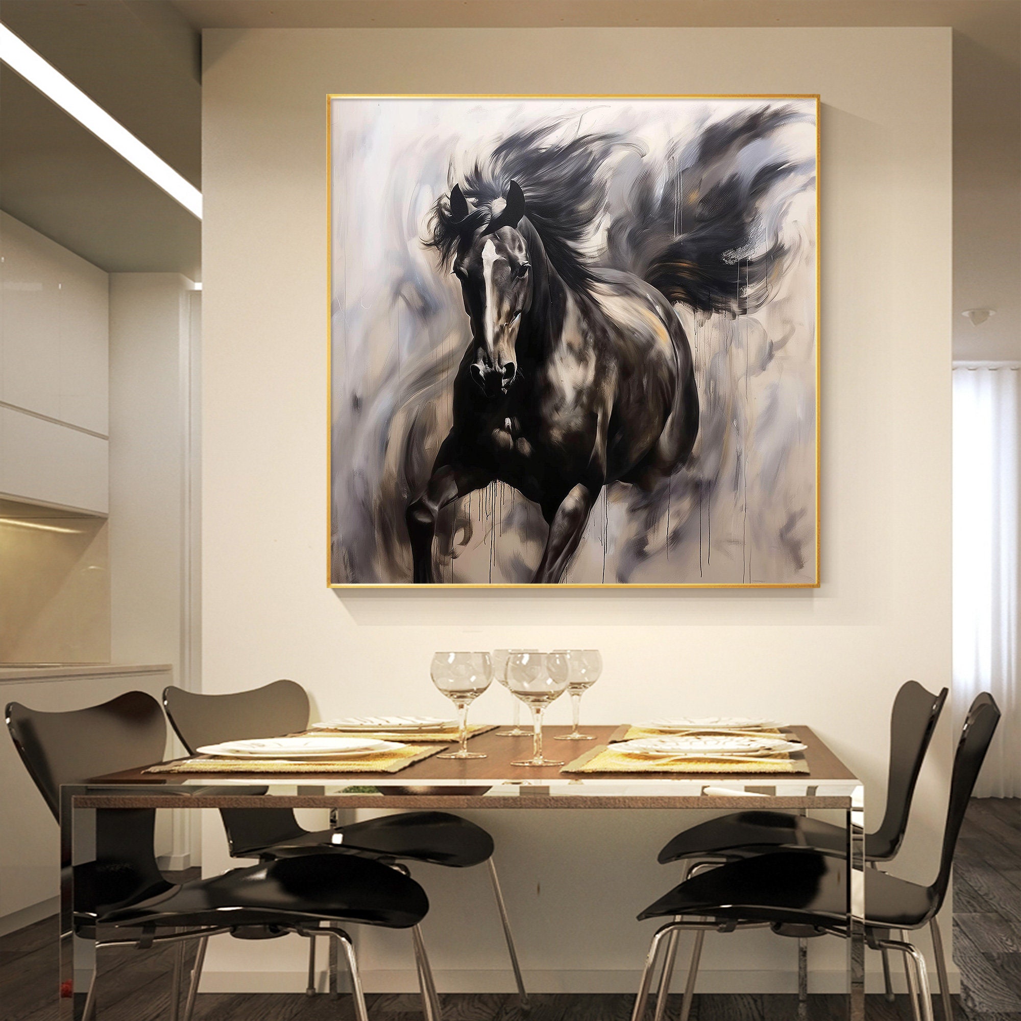 Abstract Running Horse Wall Art Prints on Canvas Large Wall Art Black ...