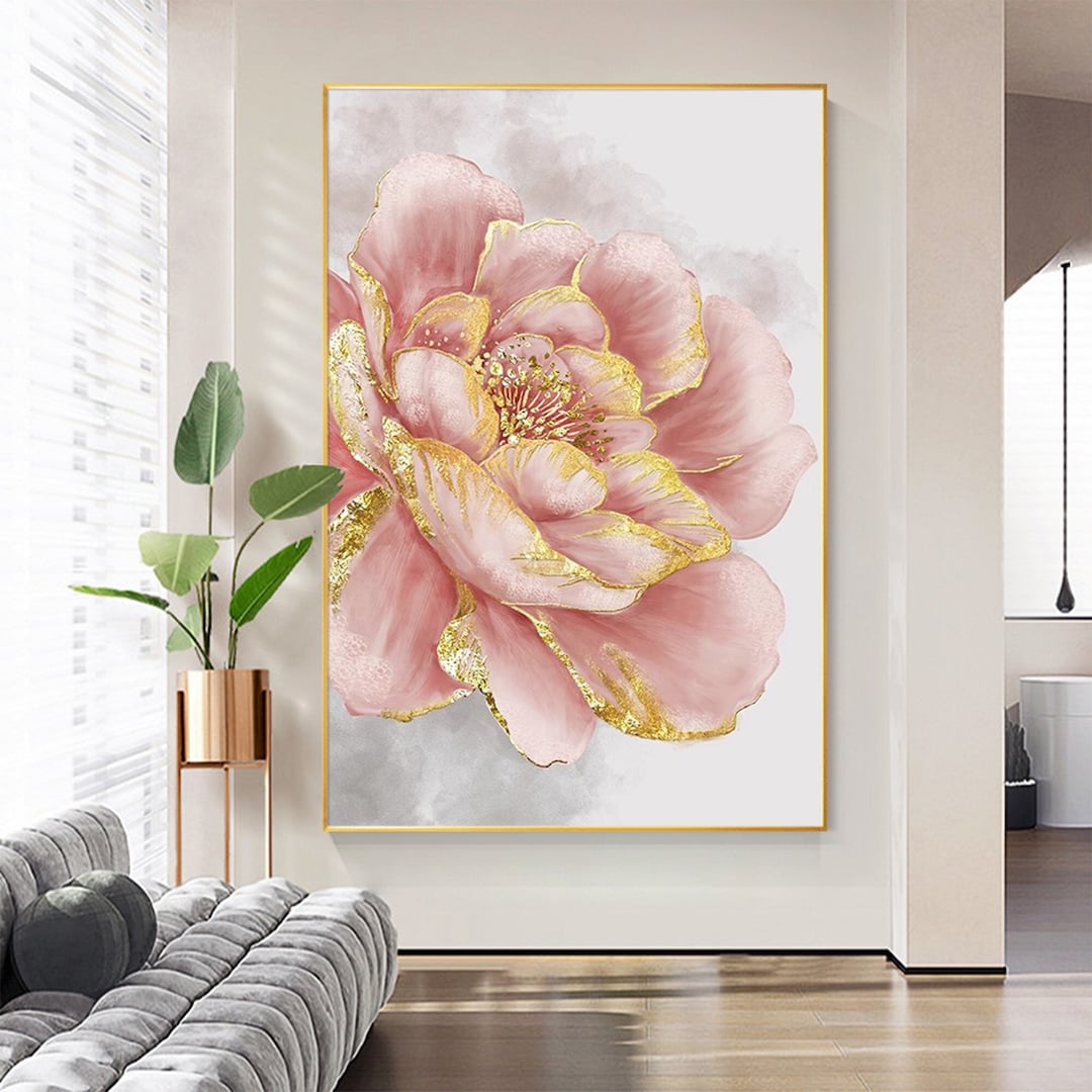 Abstract Pink and Gold Flower Wall Art Gold Large Painting Arcylic Art ...