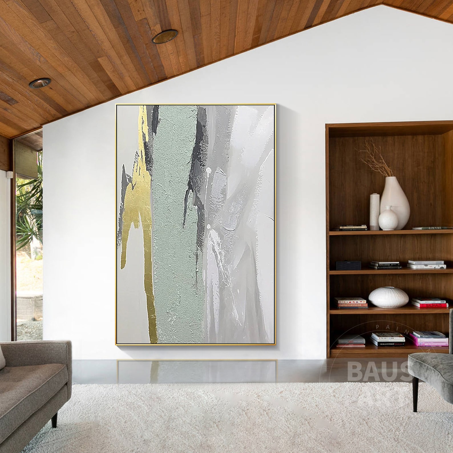 Abstract Morandi Green Gold Grey Wall Art Minimalist Painting Framed ...
